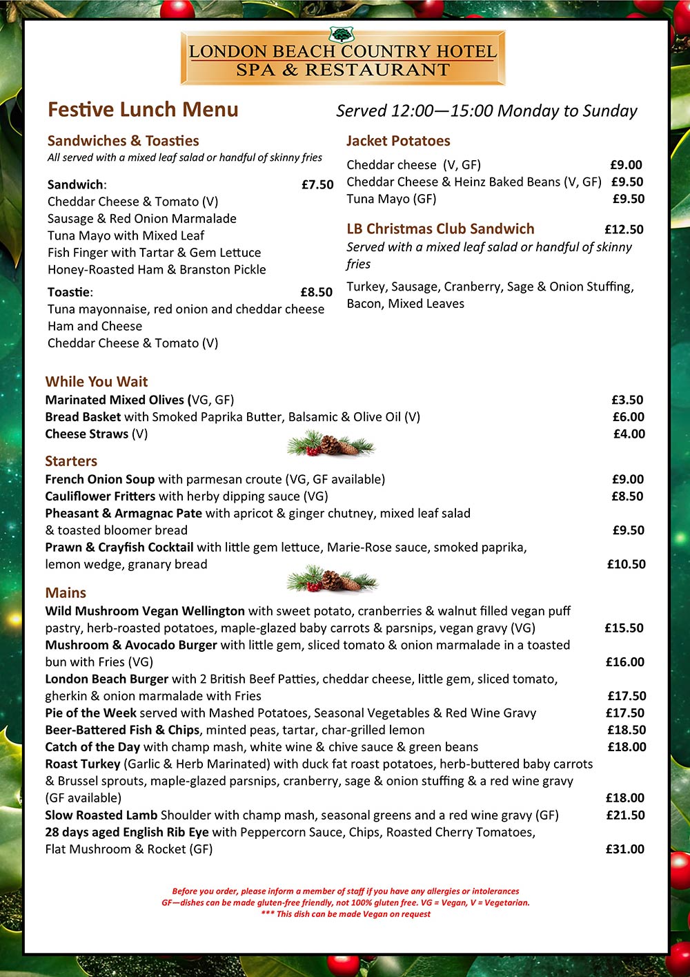 Christmas Menus, festive dining, Christmas Day Lunch, Parties