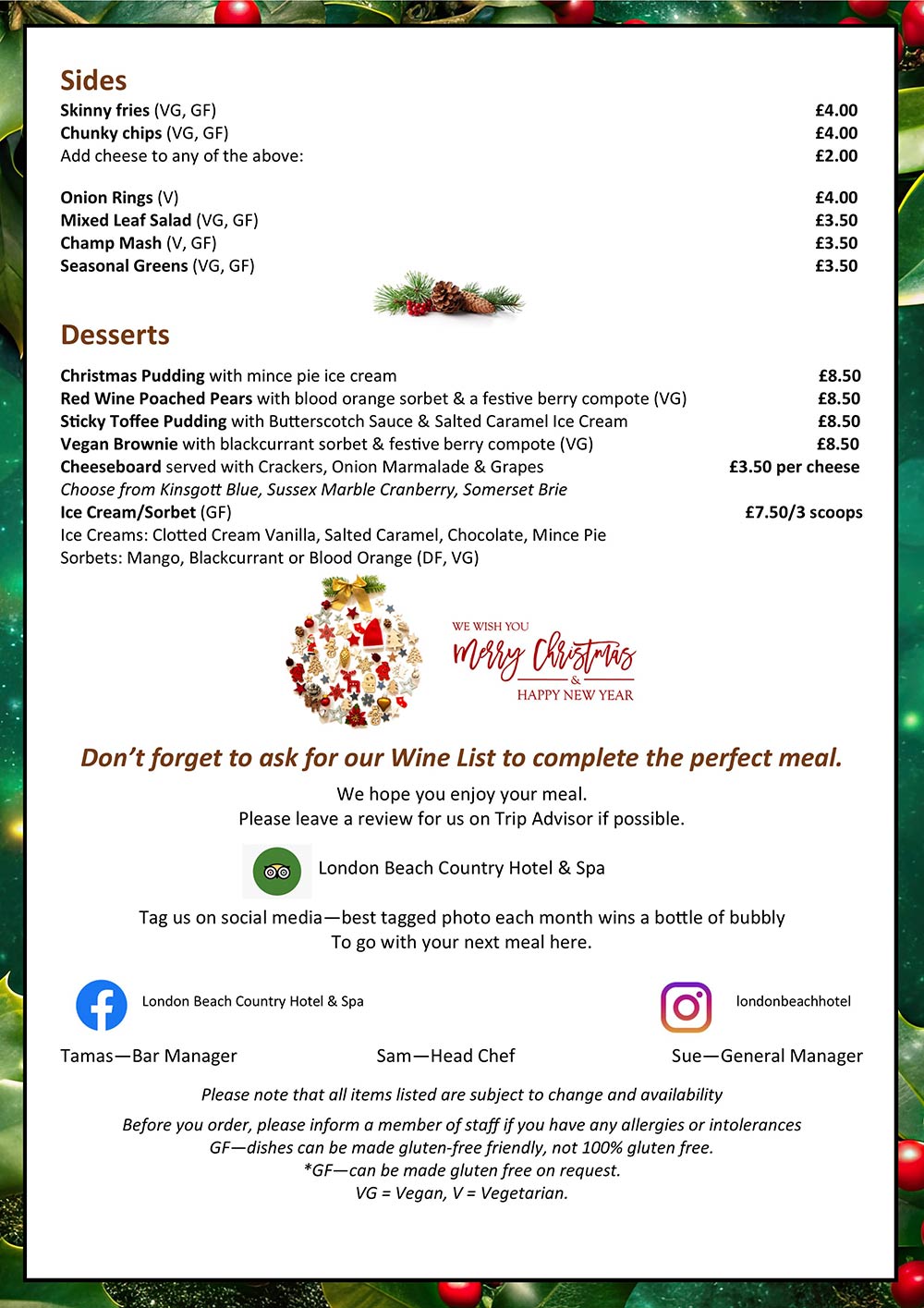 Christmas Menus, festive dining, Christmas Day Lunch, Parties